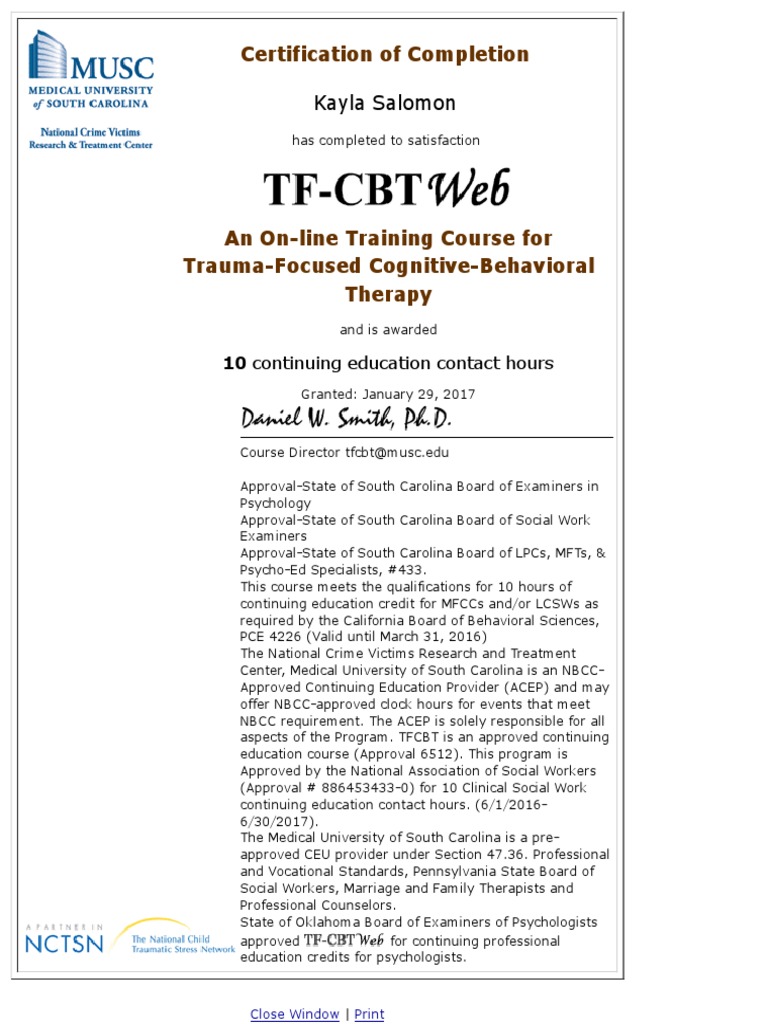 Trauma-Focused CBT Course Completion Certificate | PDF | Self-Improvement