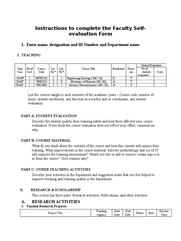 Instructions To Complete The Faculty Self-Evaluation Form: 1. Enter Name, Designation and ID ...