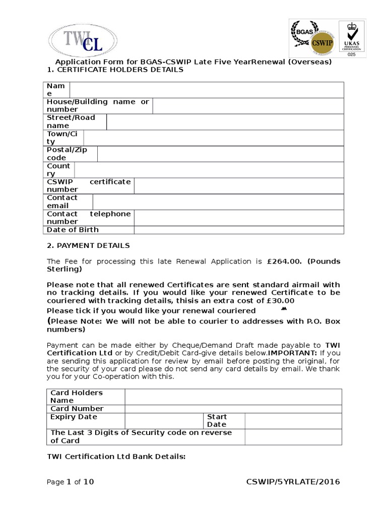 Late Application Form For BGAS-CSWIP 5 Year Renewal (Overseas) | PDF ...
