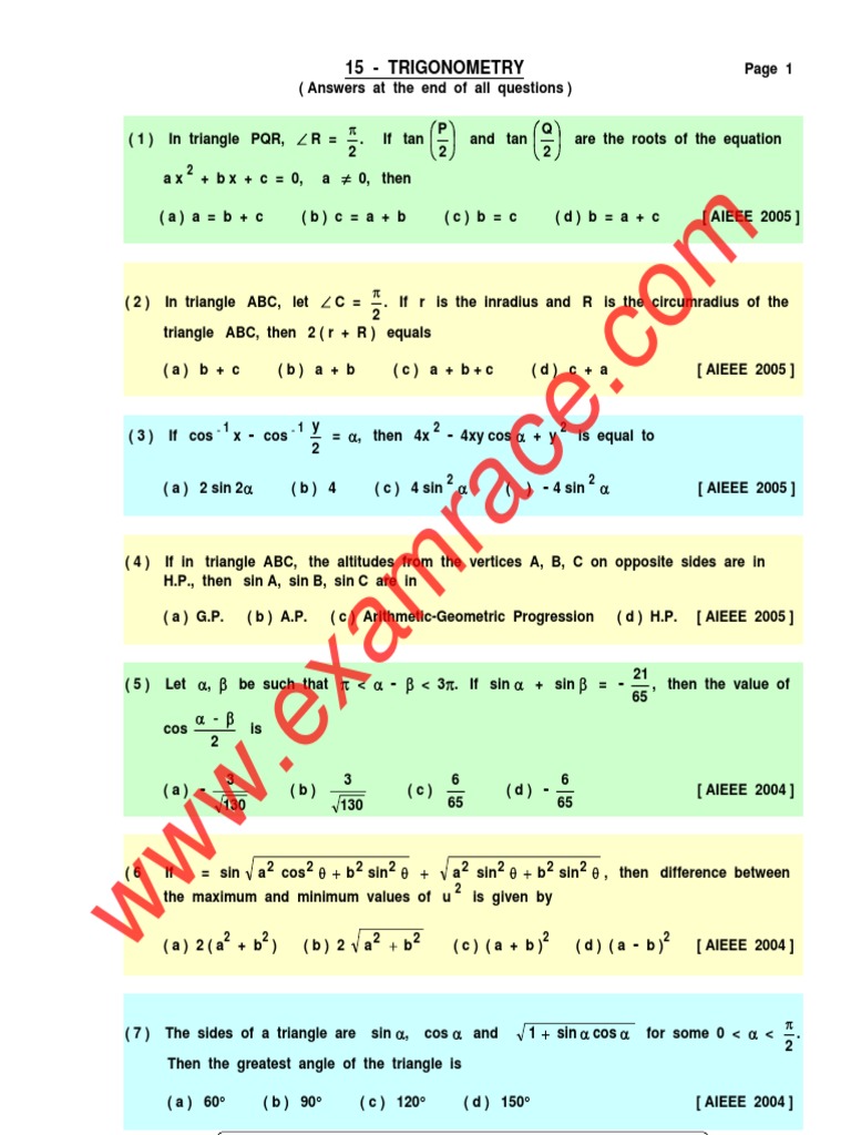 Class 11 Trigonometry Questions PDF | PDF | Sine | Trigonometric Functions