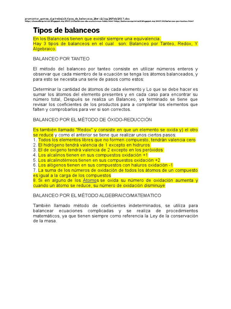 Tipos de Balanceos | PDF | Redox | Reacciones químicas