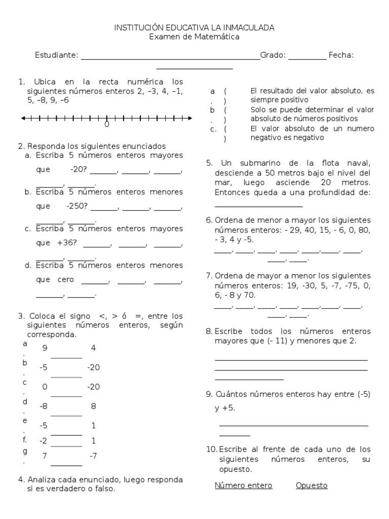 Examen de Numeros Enteros