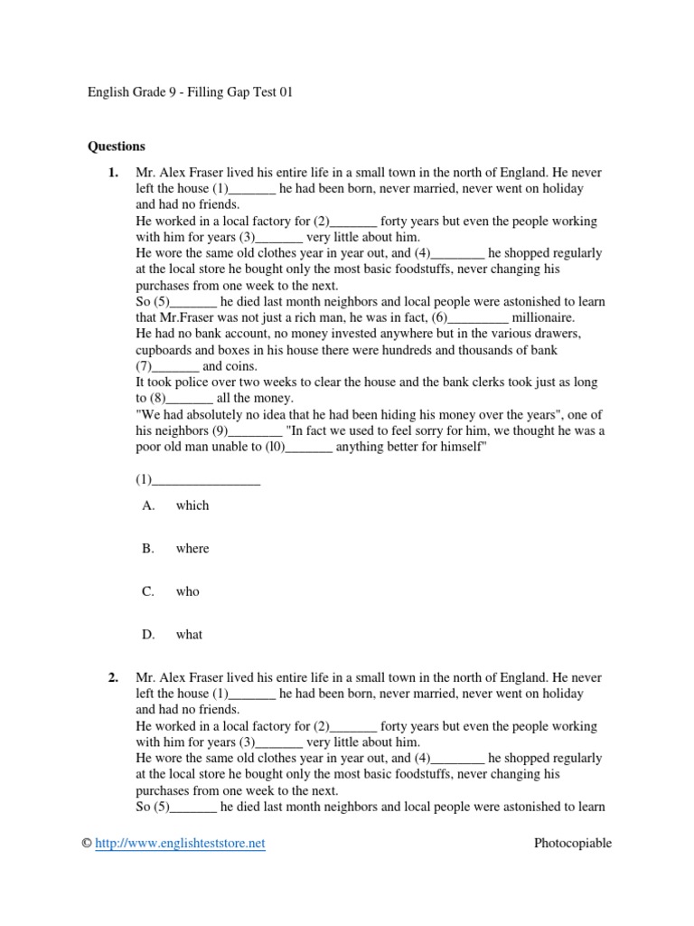 English Grade 9 - Filling Gap Test 01 | PDF