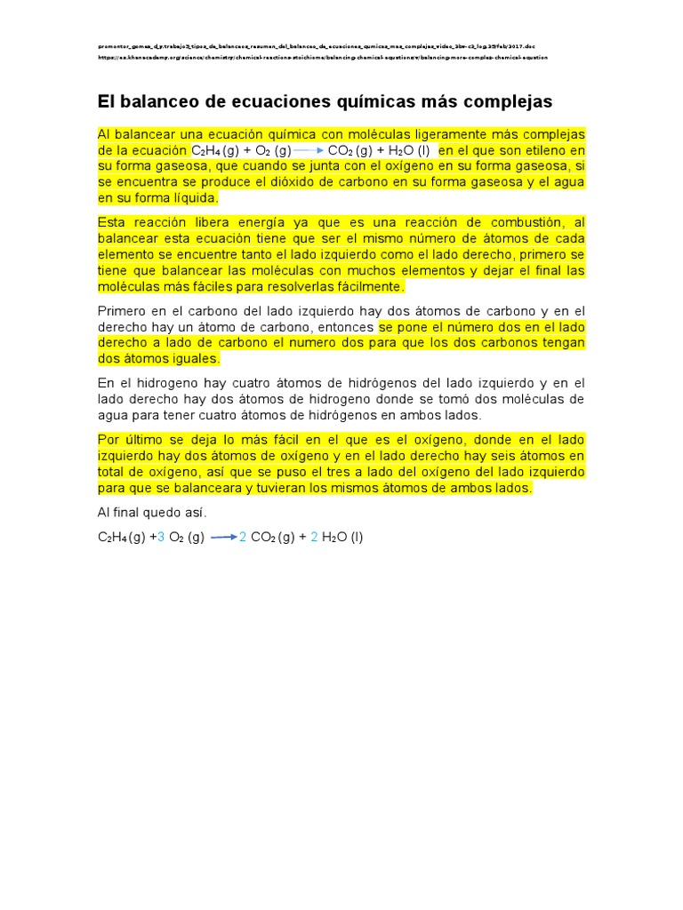 El Balanceo de Ecuaciones Químicas Más Complejas | PDF
