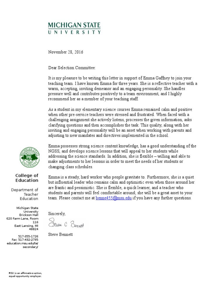Emma Gaffney Letter of Recommendation 1 | PDF | Michigan State ...