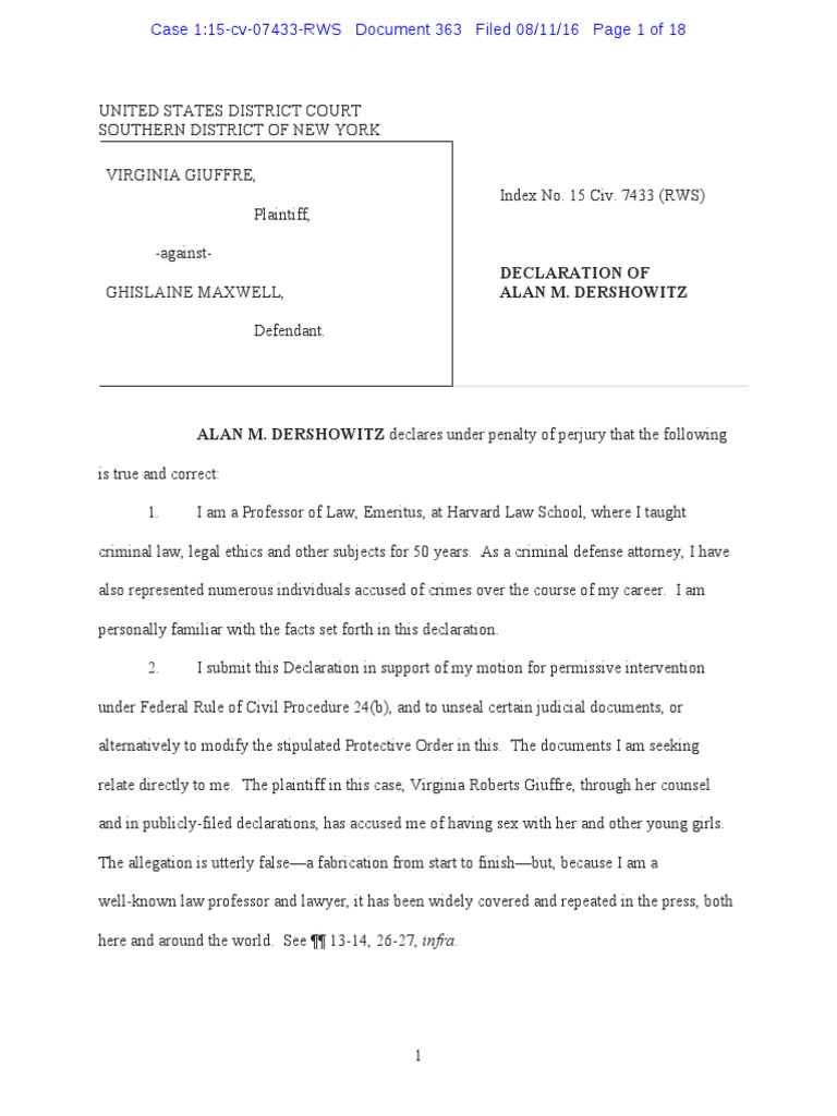 Giuffre V Maxwell Dershowitz Declaration To Intervene | PDF | Lawsuit ...