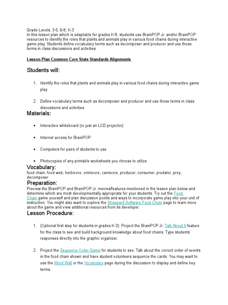 Students Will:: Lesson Plan Common Core State Standards Alignments ...
