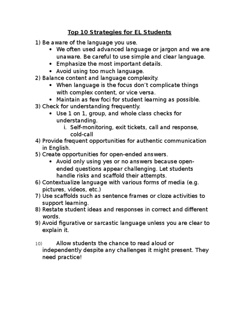 Top 10 Strategies For El Students Goal 12 | PDF