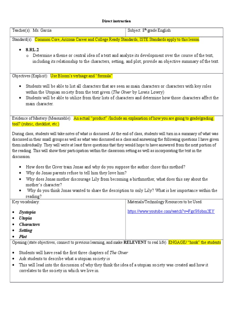 Lesson Plan | PDF | Utopia | The Giver