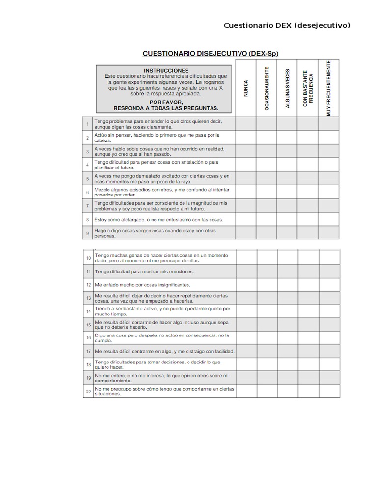 Cuestionario Disejecutivo (DEX SP) | PDF