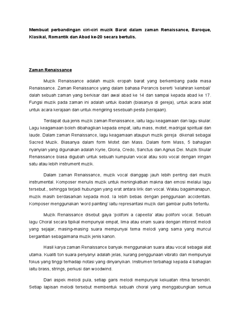 Perbandingan Ciri-Ciri Muzik Barat Dalam Zaman Renaissance, Baroque ...