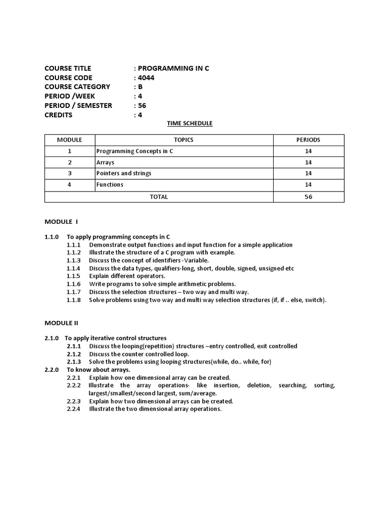 Course Title: Programming in C Course Code: 4044 Course Category: B Period /week: 4 Period ...