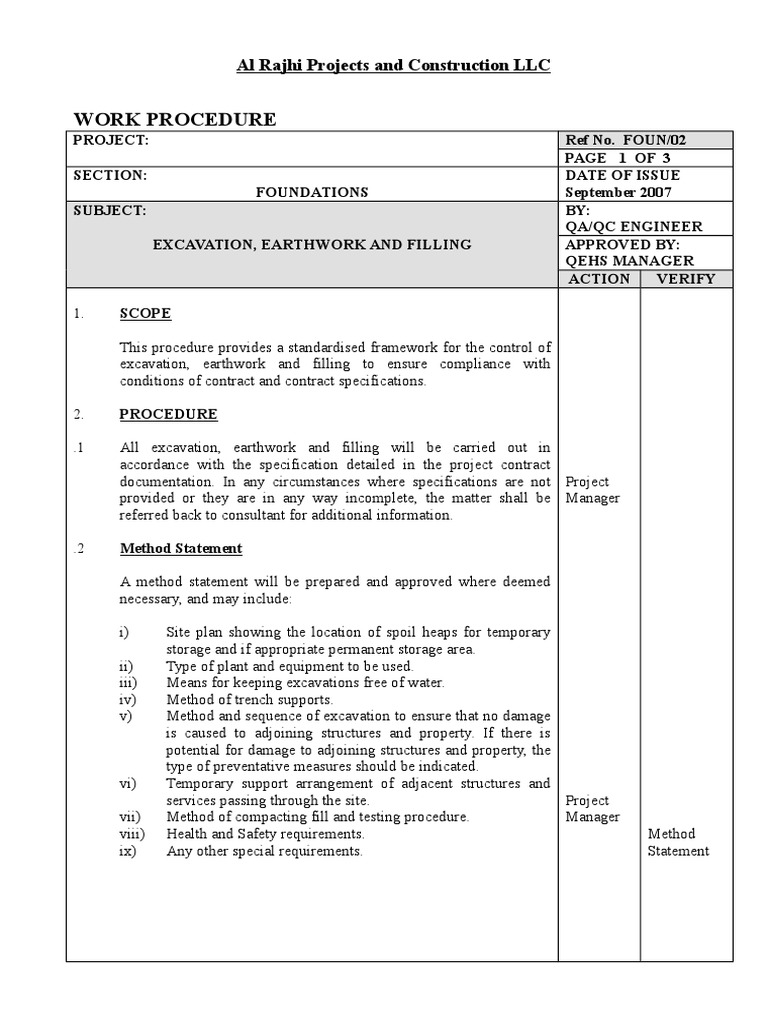 Excavation, Earthwork, and Filling Procedure for Foundations Project | PDF | Quality Assurance ...