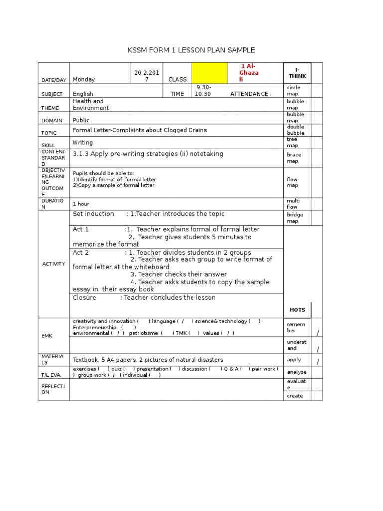 KSSM Form 1 Lesson Plan Sample | PDF | Lesson Plan | Teaching