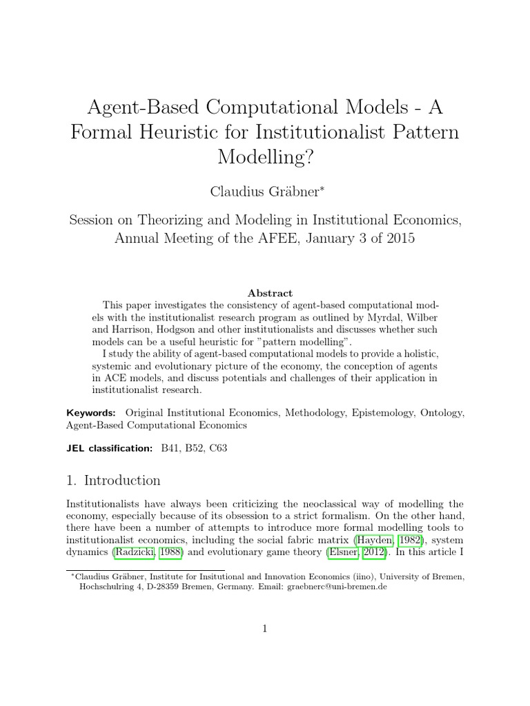 Agent-Based Computational Models: Exploring the Potential of Using ACE ... Agent-Based Computational Models: Exploring the Potential of Using ACE ...