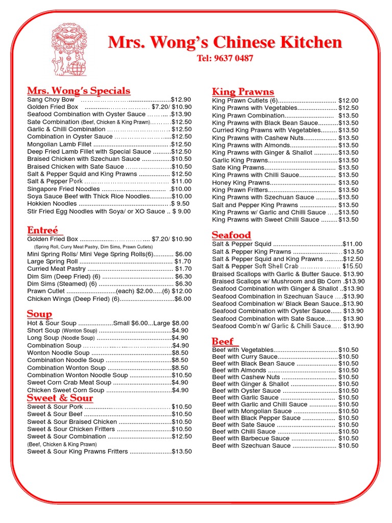 Mrs. Wong's Chinese Kitchen Menu | PDF | Curry | Prepared Foods