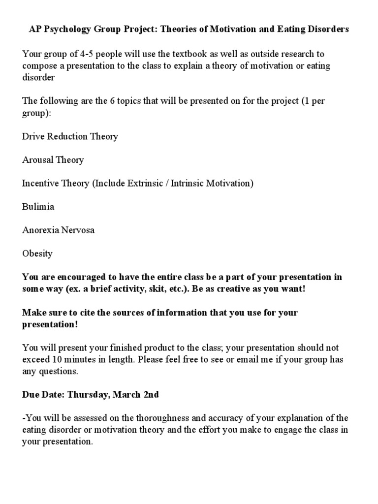 Ap Psychology Group Project Motivation | PDF | Eating Disorder | Motivation