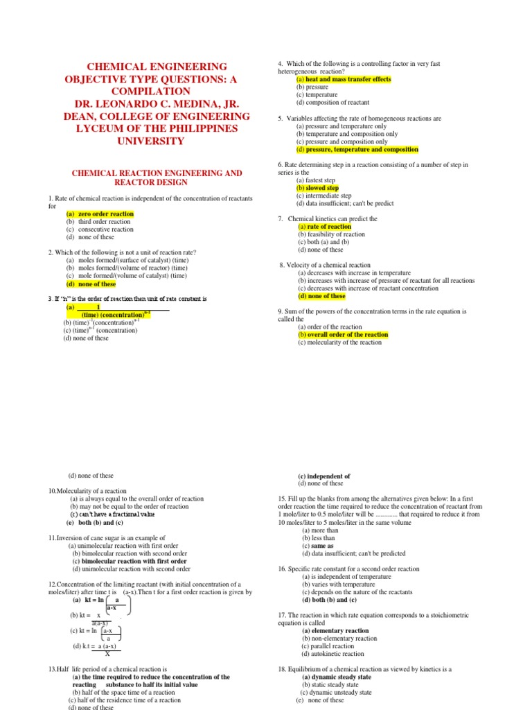 ChE Objective Type Questions Compilation-Dean Medina 8-19-12 | PDF | Chemical Reactor | Chemical ...