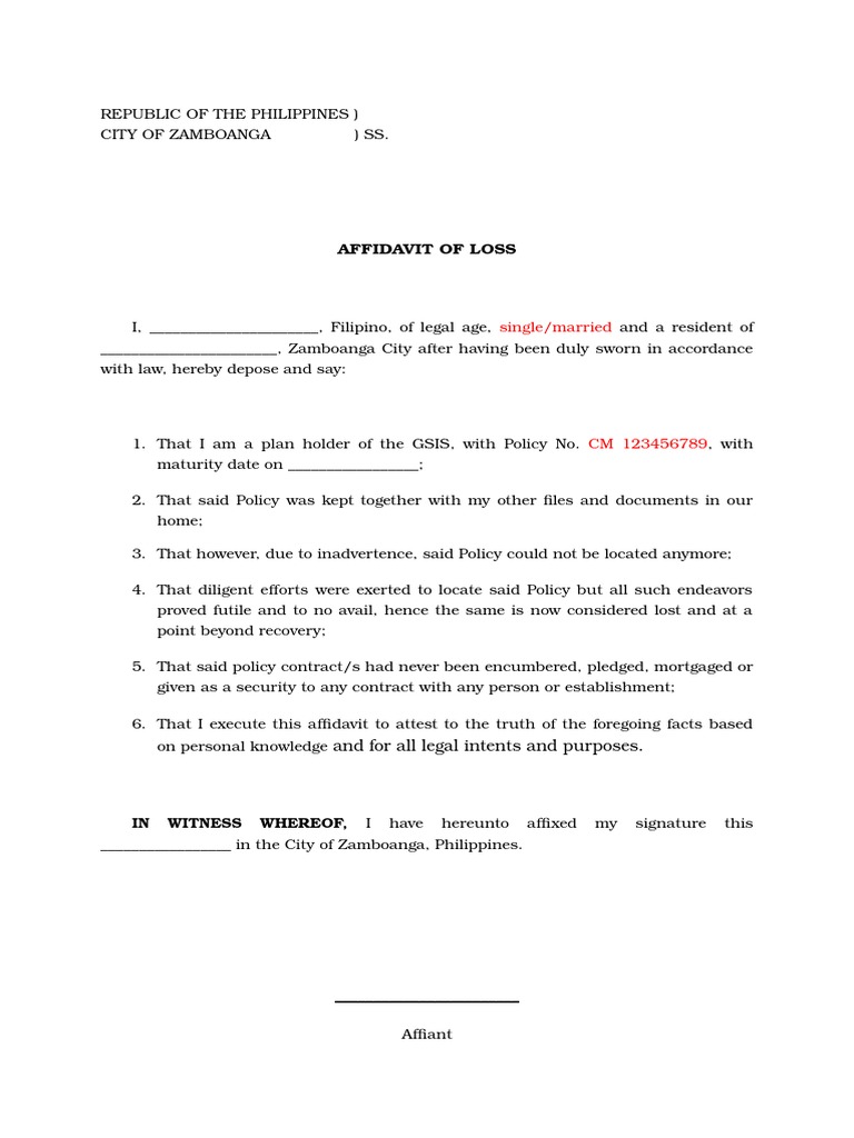 Affidavit of Loss for GSIS Policy | PDF