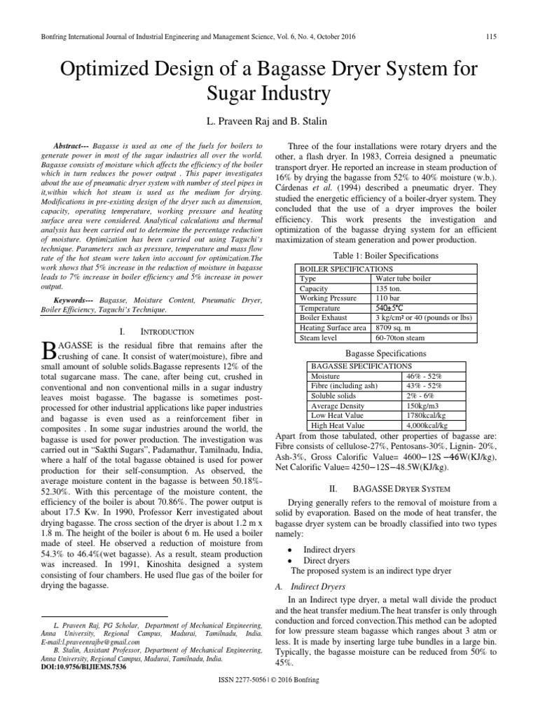 Optimized Design of A Bagasse Dryer System For Sugar Industry | PDF ...