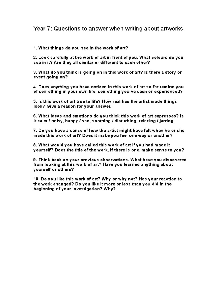 Year 7: Questions To Answer When Writing About Artworks | PDF