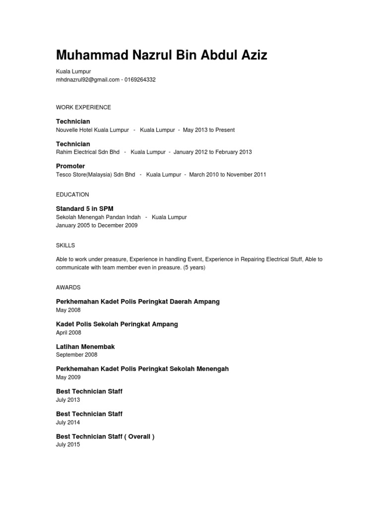 Muhammad Nazrul Bin Abdul Aziz Resume Kuala Lumpur Technician | PDF