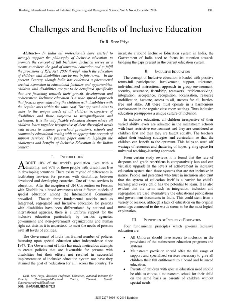Challenges and Benefits of Inclusive Education | PDF | Inclusion ...