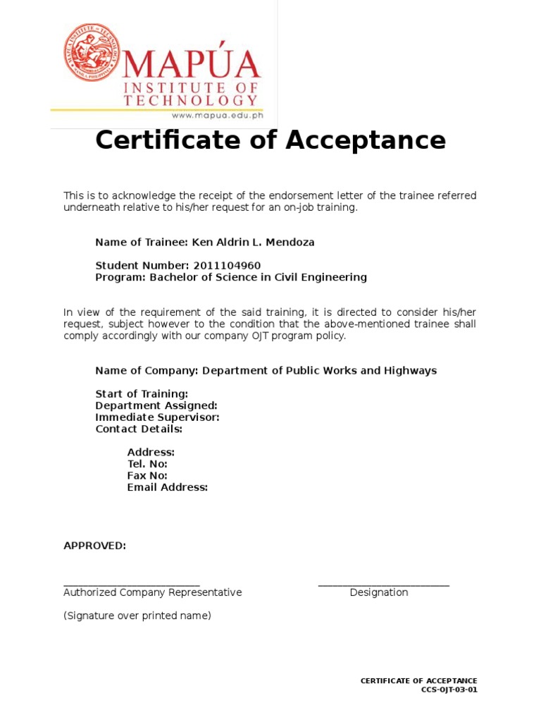 Certificate of Acceptance CCS-OJT-03-01 | PDF | Business | Business