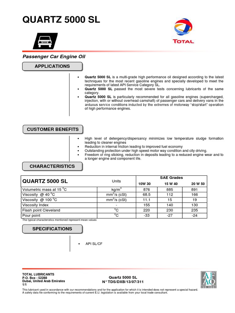 Quartz 5000 SL: Passenger Car Engine Oil | PDF | Vehicles | Engines