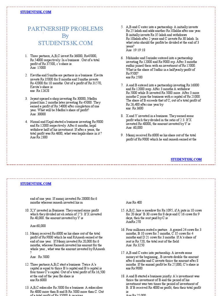 Partnership Problems by | PDF | Profit (Accounting) | Investing