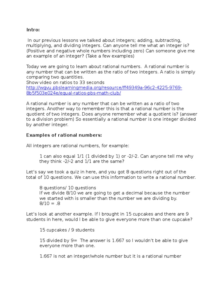 Rational Number Lesson Plan | PDF | Ratio | Numbers