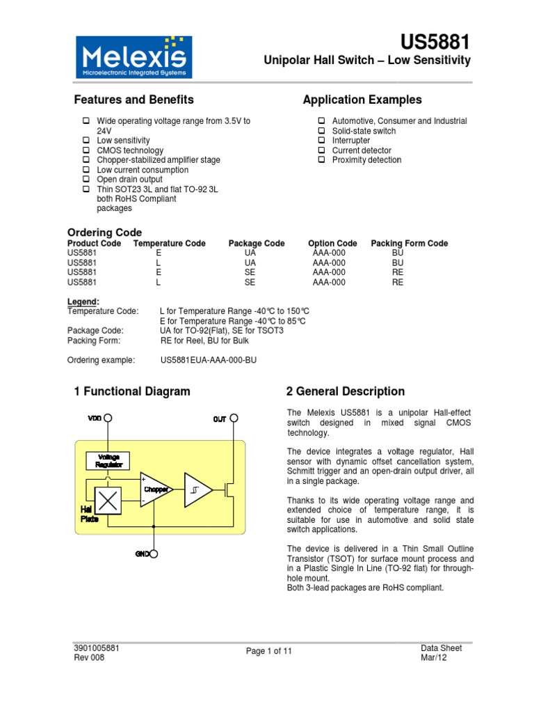 Unipolar Hall Switch - Lo Low Sensitivity: Ordering Code | PDF | Cmos | Electrostatic Discharge