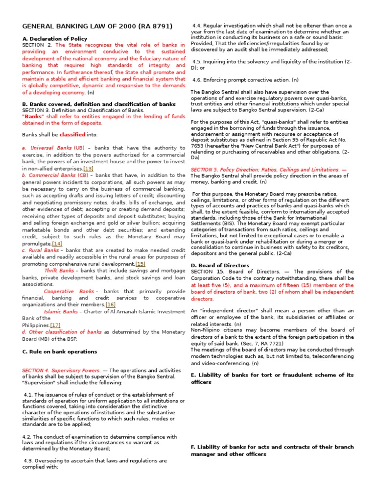 General Banking Law of 2000 (Ra 8791) : "Banks" Shall Refer To Entities ...