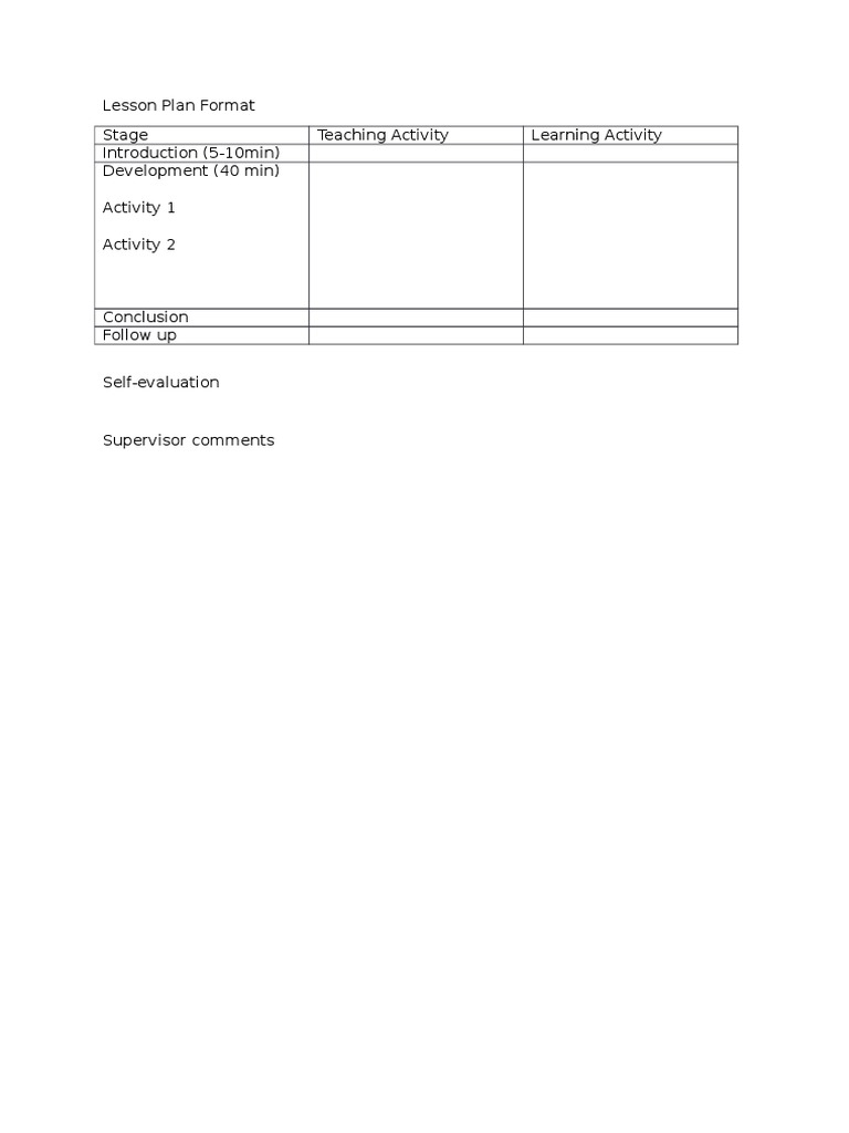Lesson Plan Format Stage Teaching Activity Learning Activity ...