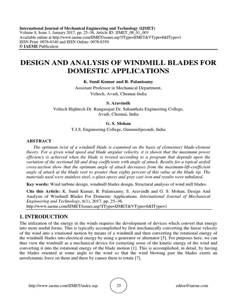 Design and Analysis of Windmill Blades For Domestic Applications | PDF ...