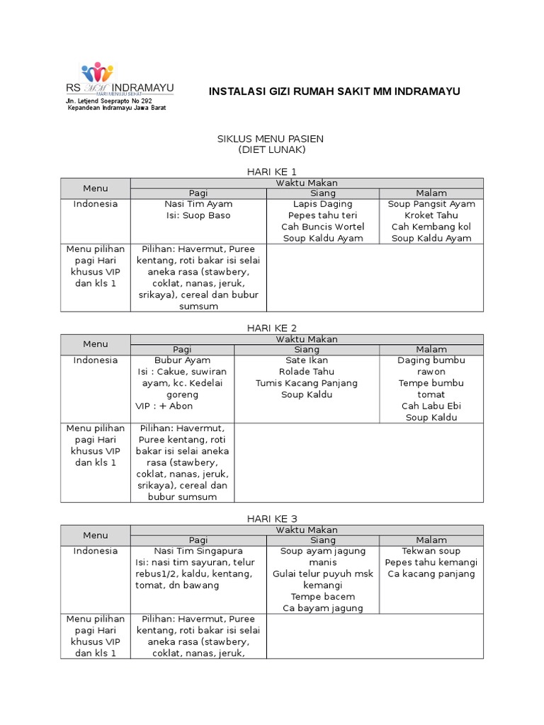 Menu Diet Lunak Rumah Sakit Indramayu | PDF