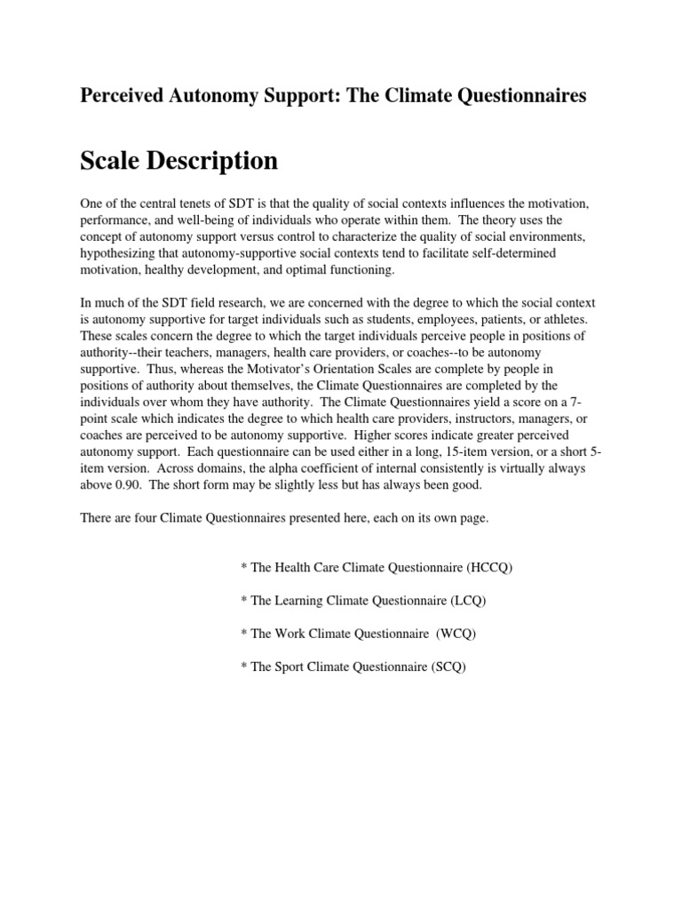 Scale Description: Perceived Autonomy Support: The Climate ...