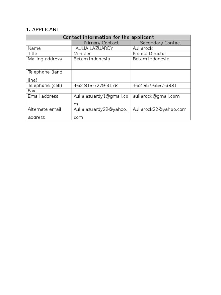 Applicant Contact Information For The Applicant | PDF