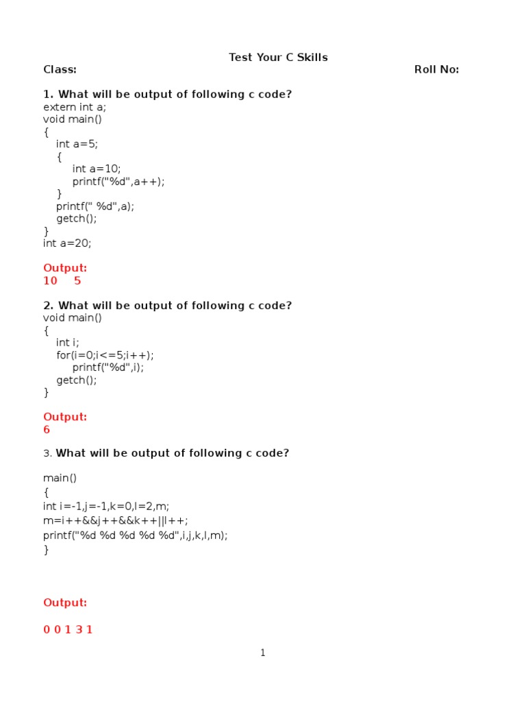 Test Your C Skills Class Roll No 1 What Will Be Output Of Following C Code Pdf