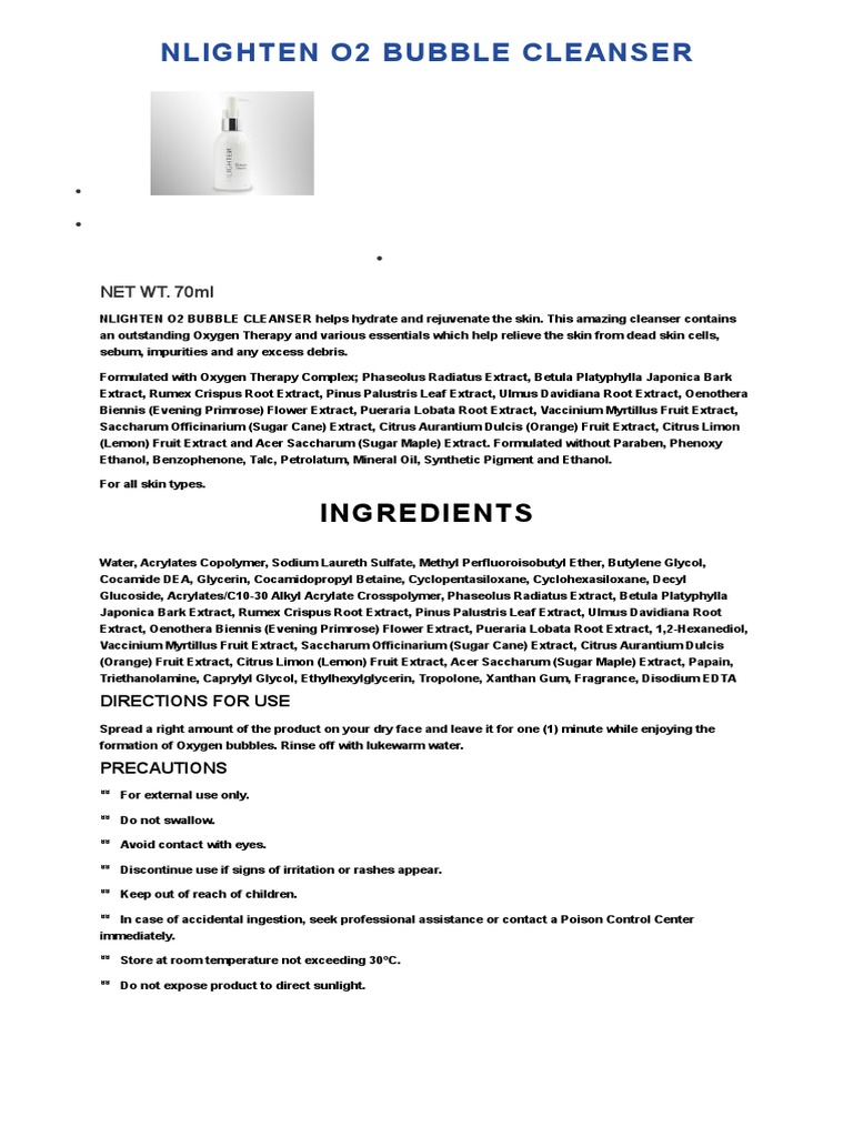 Nlighten O2 Bubble Cleanser | PDF | Cooking, Food & Wine