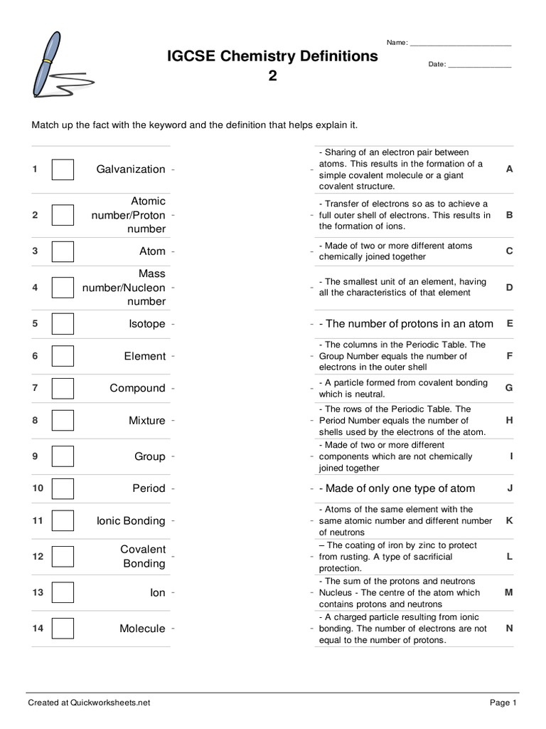 Worksheet IGCSE Match Key Words For Revision 2 | PDF | Atoms | Chemical ...