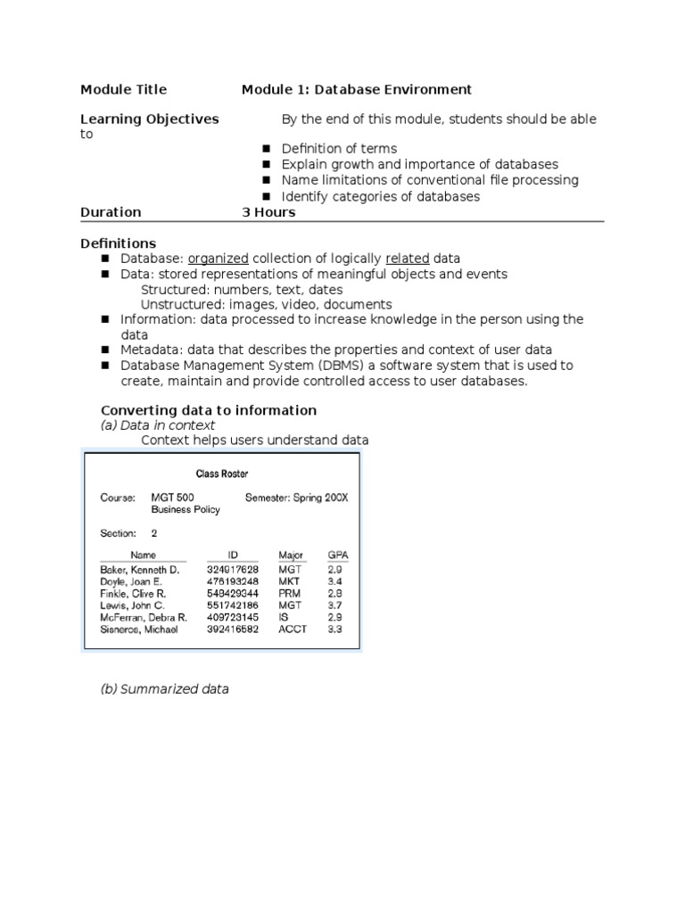 Module Title Module 1: Database Environment Learning Objectives | PDF | Databases | Data