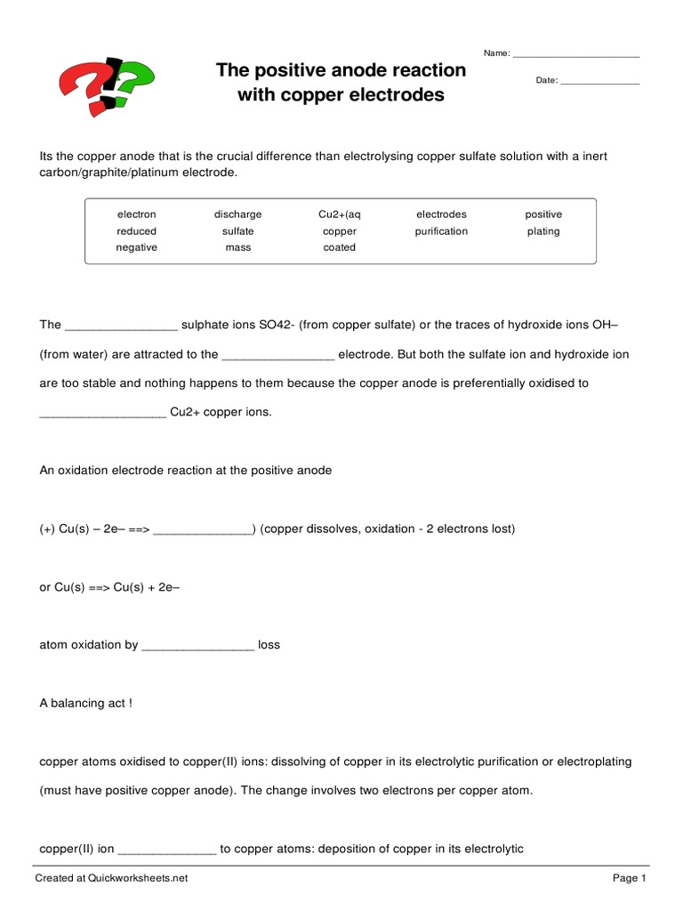 Electrolysis Fill The in Words Using Copper Electrodes | PDF