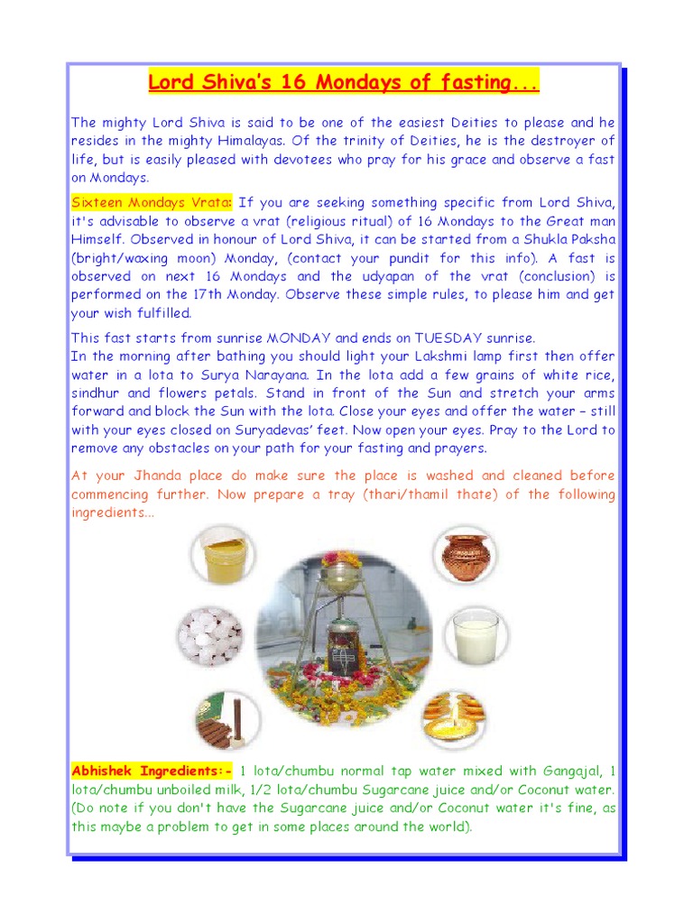 16 Mondays Fasting Ritual for Lord Shiva | PDF