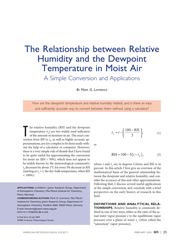 The Relationship Between Relative Humidity and The Dewpoint Temp in Moist Air PDF | Download ...