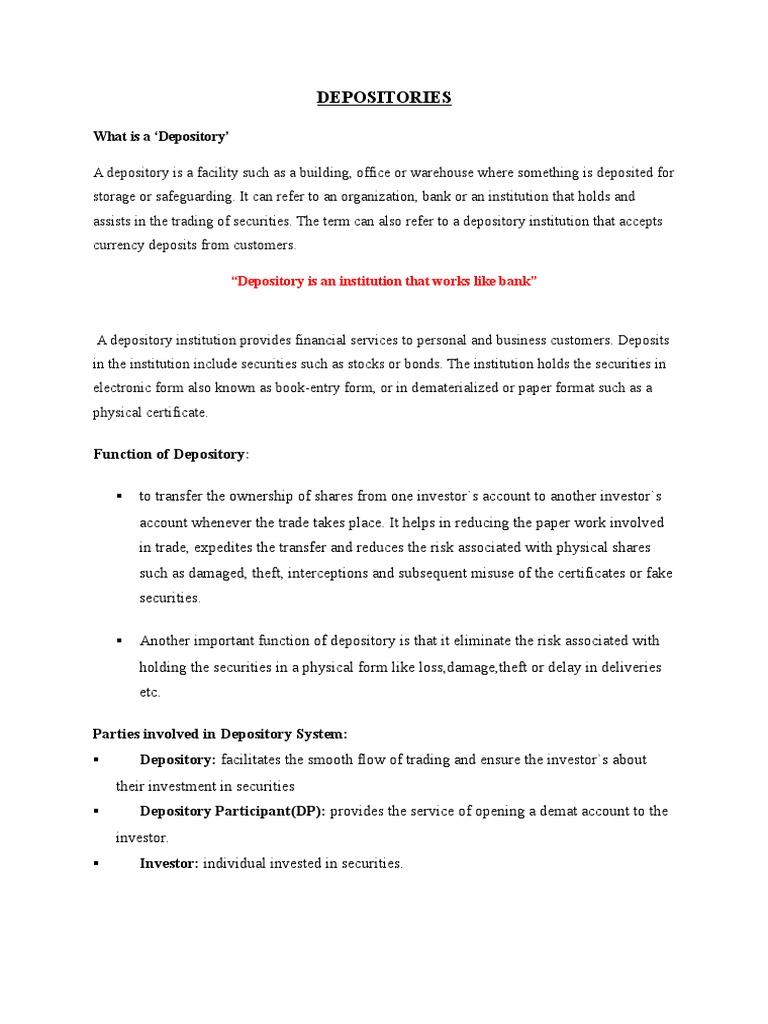 Depositories: What Is A Depository' | PDF | Securities (Finance) | Financial Services