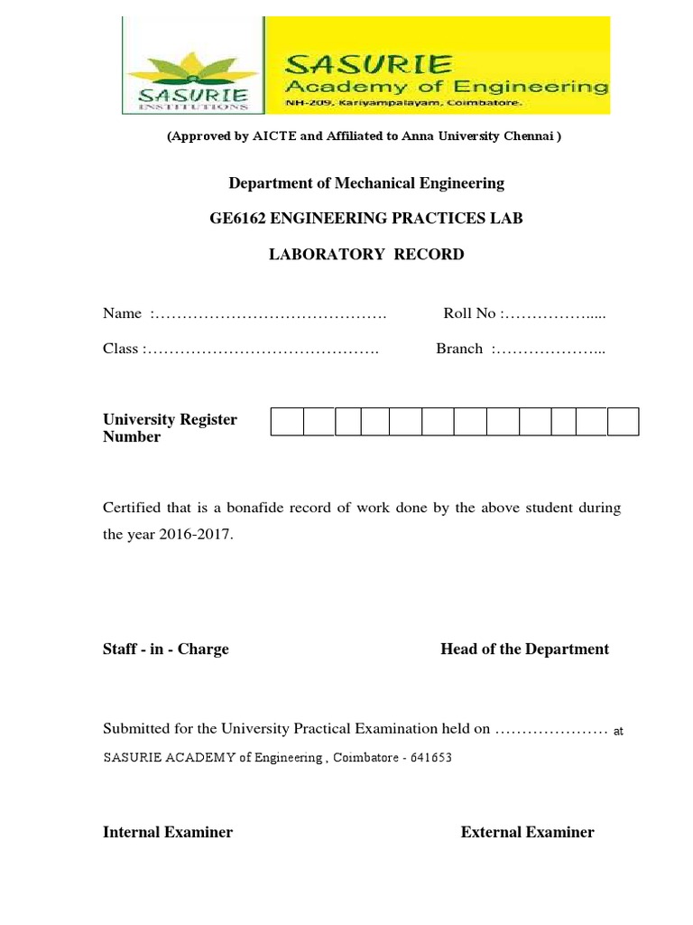 Department of Mechanical Engineering Ge6162 Engineering Practices Lab ...