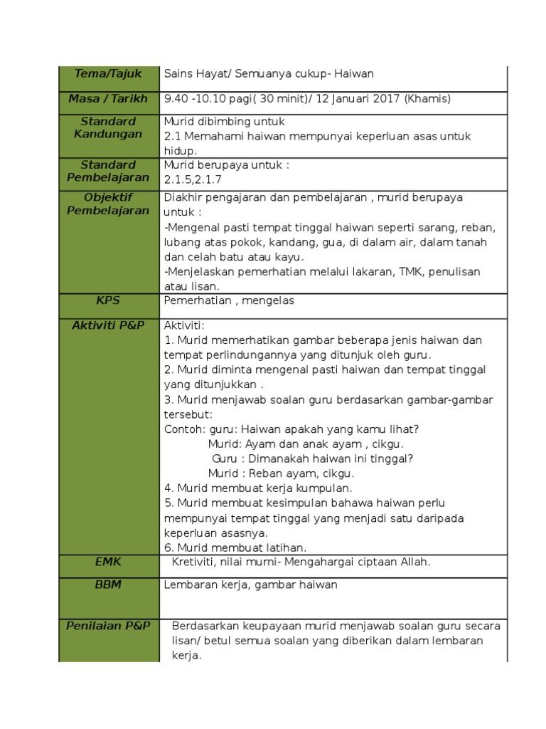 Contoh RPH Sains Tahun 2 | PDF