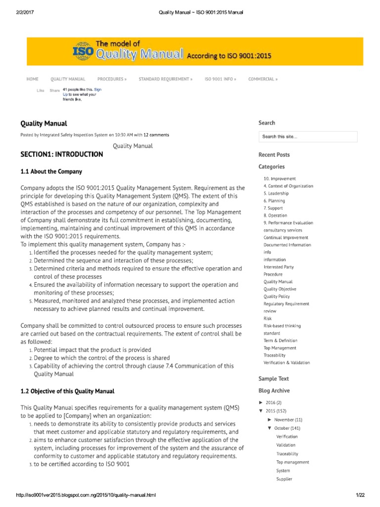 Quality Manual Model According To ISO 9001 2015 | PDF
