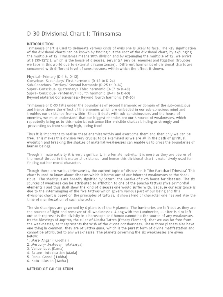 D-30 Divisional Chart I: Trimsamsa | PDF | Planets | Consciousness